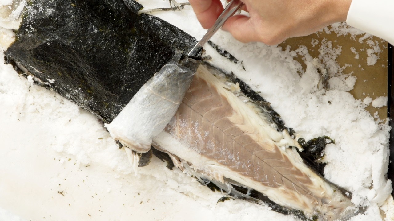 Salt Crusted Sea Bass with Nori - YouTube
