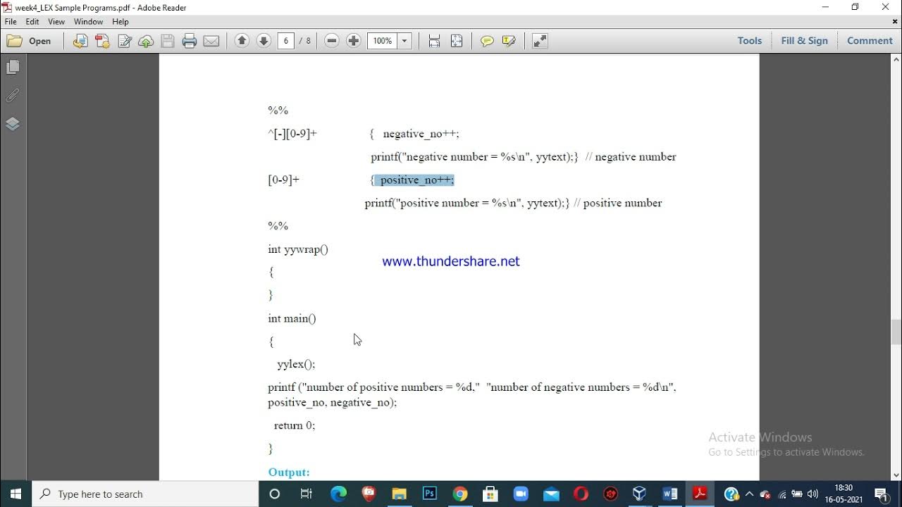 Demonstration of lex program to identify and count the total number of positive and negative no ...