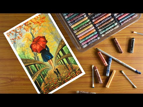 Rainy Day Scenery With Oil Pastel || girl with umbrella oil pastel drawing - step by step