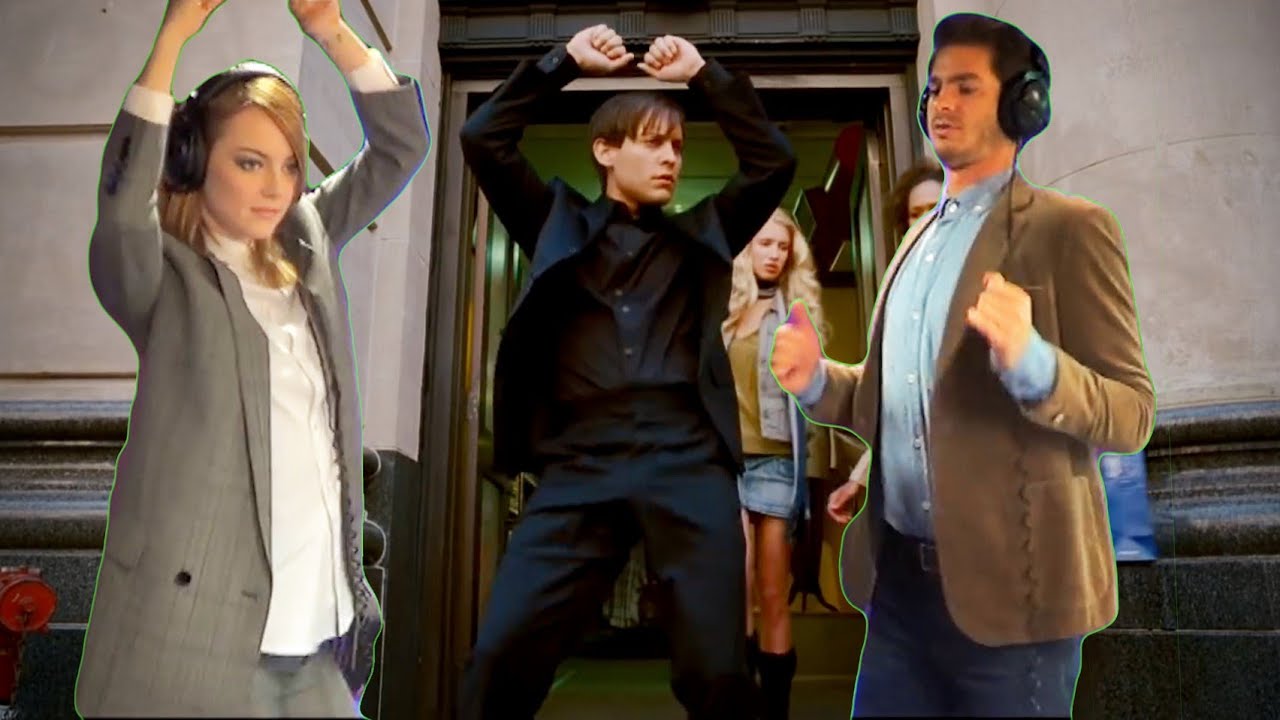 Tobey Maguire, Andrew Garfield, Emma stone dance together - YouTube
