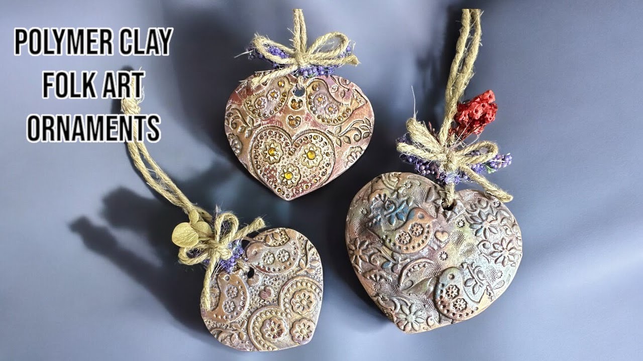 Polymer clay folk art heart ornaments, DIY - YouTube