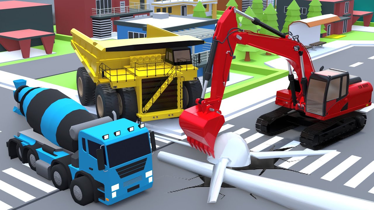 Repair Damaged Road Due to Broken Windmill - Truck, Excavator | 3D ...
