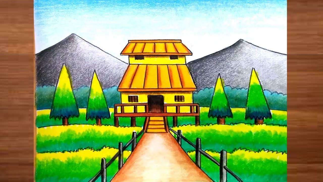 Hill landscape drawing easy step by step/Hill scenery drawing with oil ...