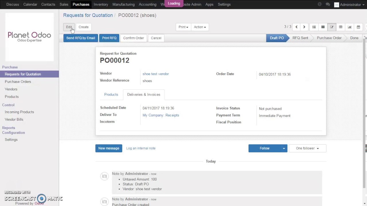 Purchase module Odoo 10 - YouTube