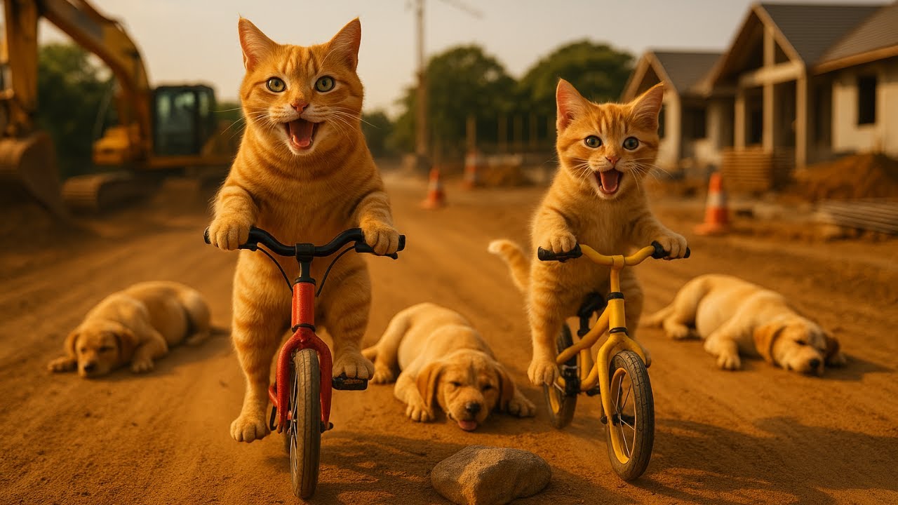 Mama Cat and Kitten Cat Drive Bikes at Road Construction Site 🚧🐱 ...