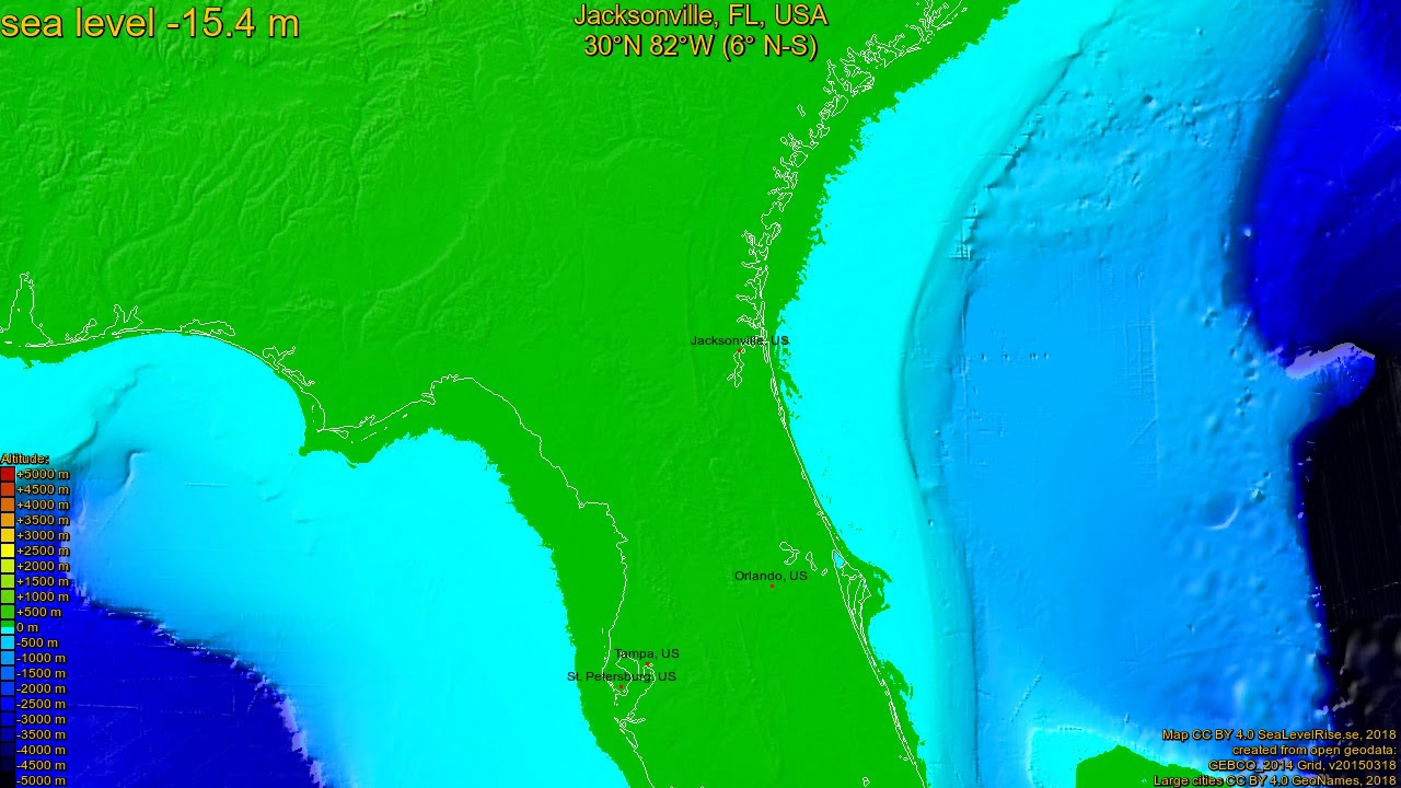 Jacksonville, FL, USA, (z+c) sea level rise -135 - 65 m - YouTube
