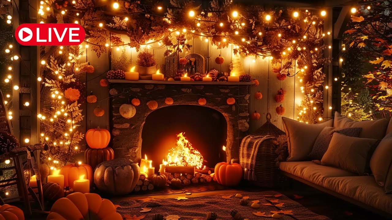 Cozy Autumn Porch Ambience | Cozy Fireplace Sounds | Halloween Ambience ...