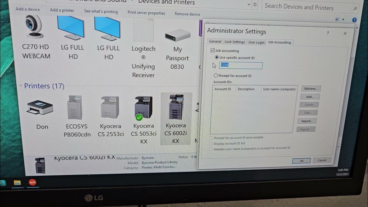 Kyocera enable account codes on a Windows PC or laptop. - YouTube