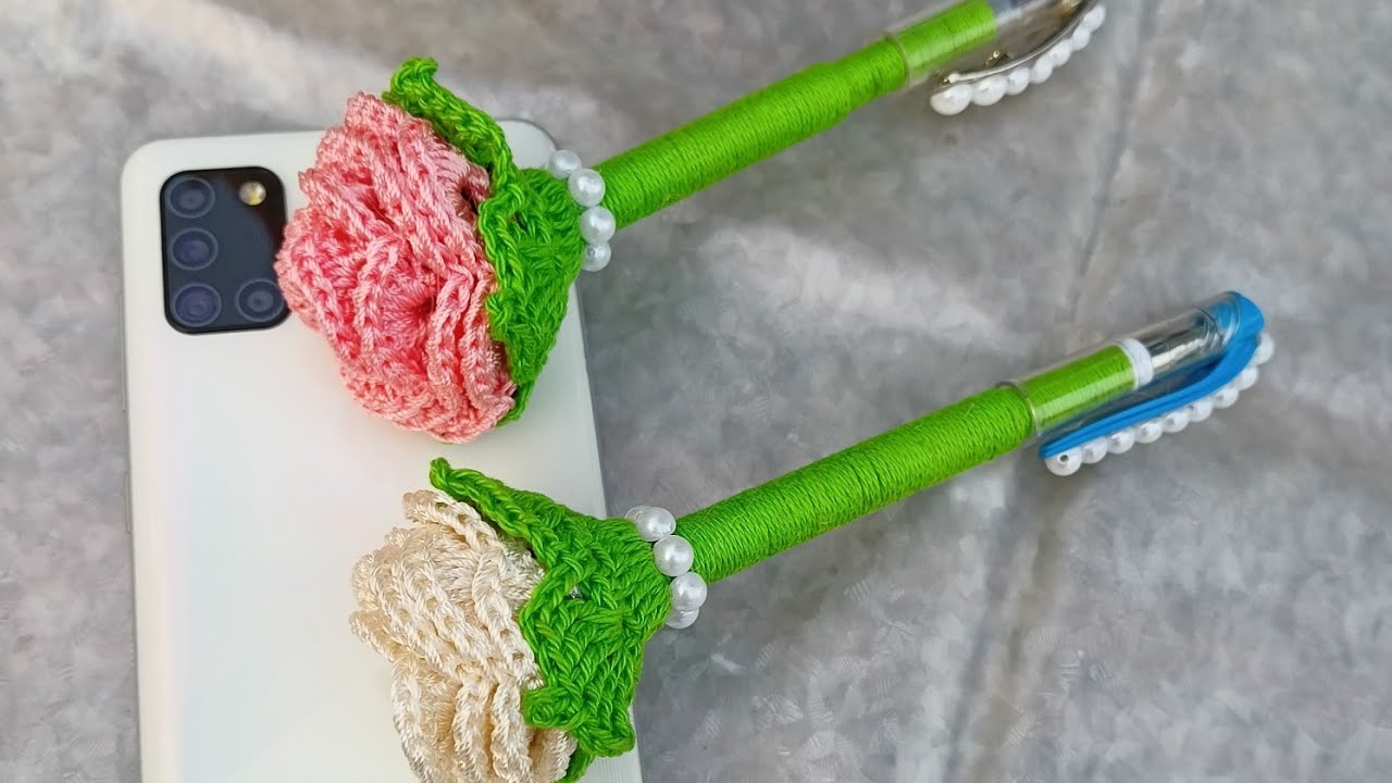 Crochet Rose Flower Decorated Pen | Gifting Pen | Crochet Rose Flower ...