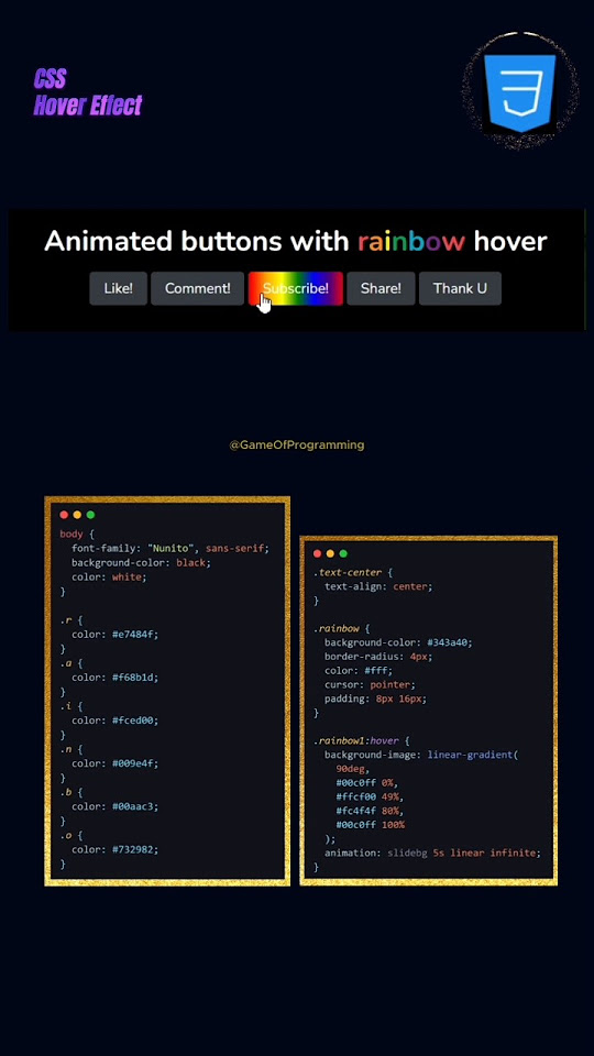 Animated Button🔘 With Rainbow 🌈 Hover Effect 💥👾 Viral Htmlcss Css Shorts Music Youtube