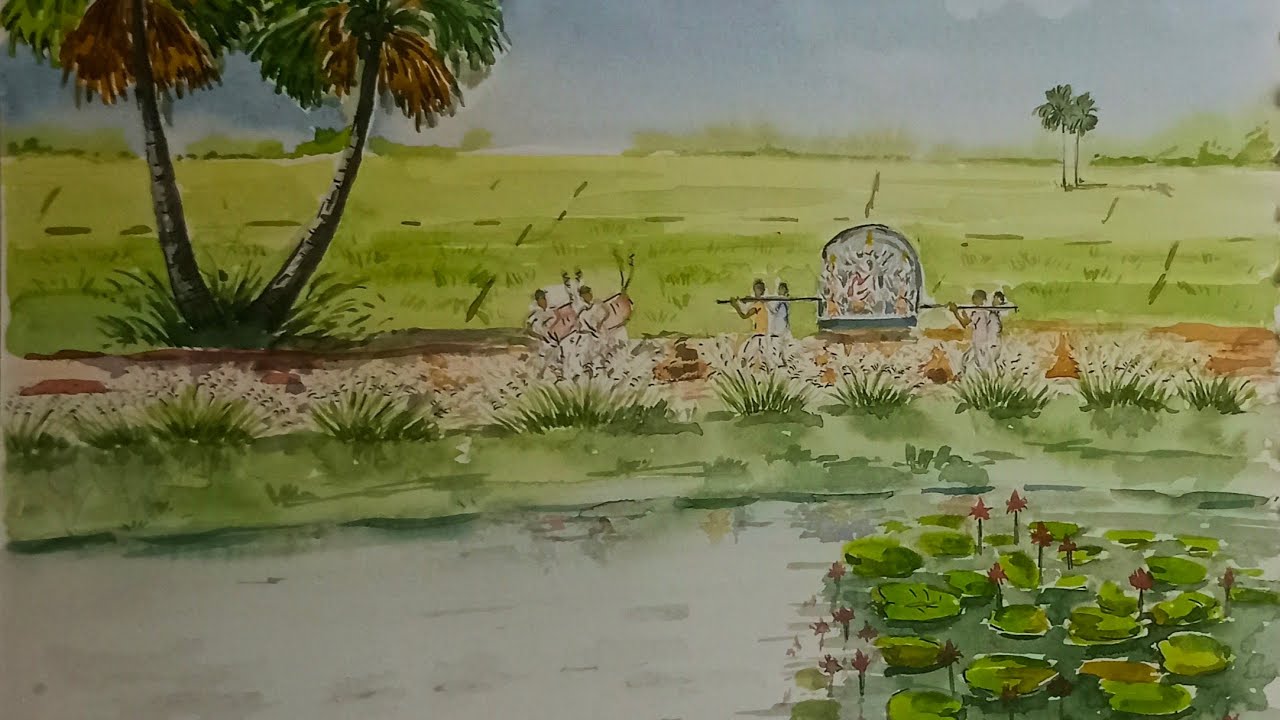 Village Landscape during Durga Puja/ Autumn season in Watercolour ...