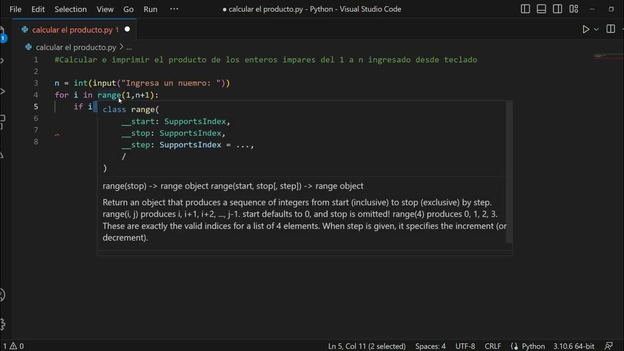 Calcular e imprimir el producto de los enteros impares del 1 a n ingresado desde teclado Python ...