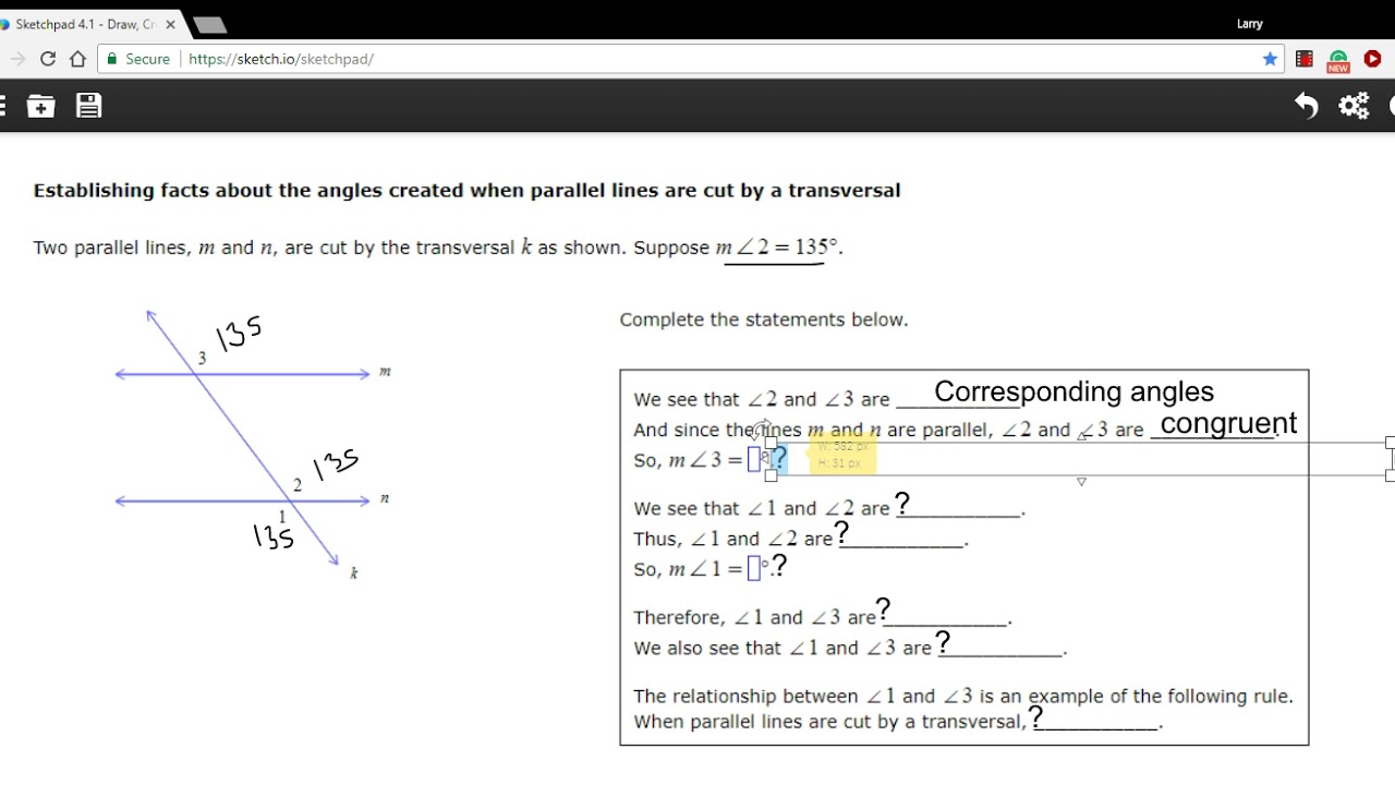 Establishing facts about the angles created by parallel lines cut by a ...