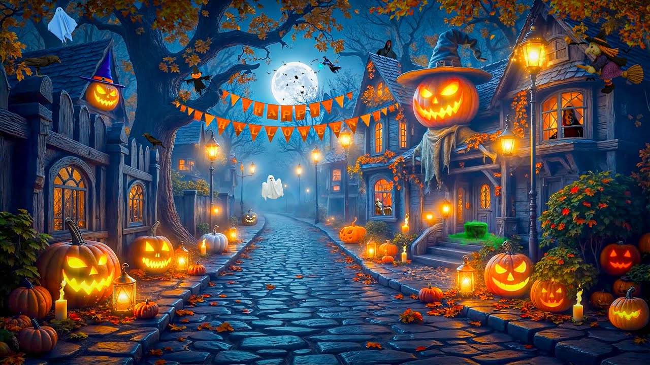 Cozy Autumn Street Halloween Ambience 🎃 Relaxing Halloween Music 👻 ...