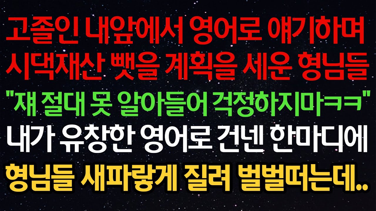 실화사연 고졸인 내앞에서 영어로 얘기하며시댁재산 뺏을 계획을 세운 형님들 쟤 절대 못 알아들어 걱정하지마ㅋㅋ”내가 유창한 영어로 건넨 한마디에형님들 새파랗게 질려 벌벌