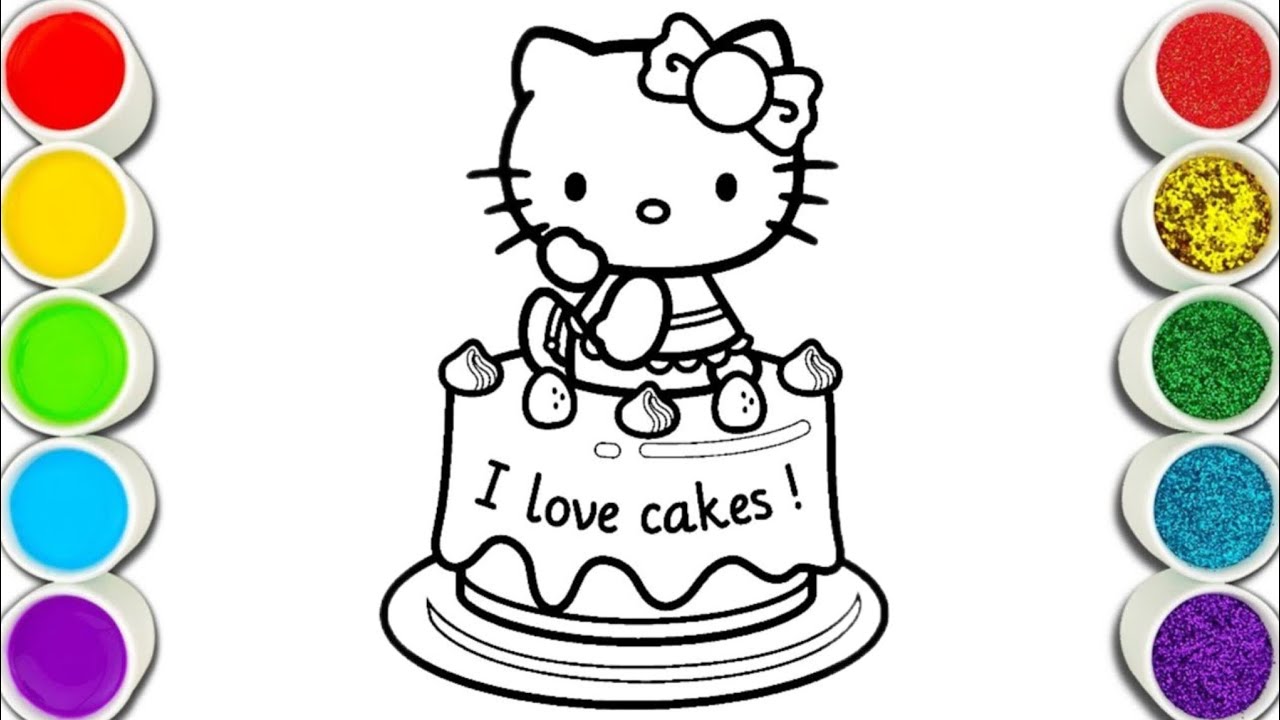 hello kitty birthday cake 🎂 drawing and colouring for kids and toddlers ...