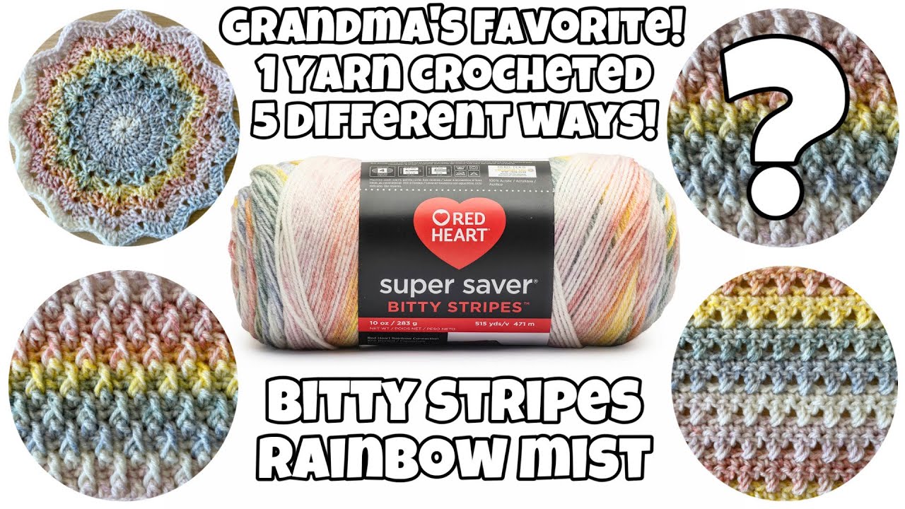 Red Heart Bitty Stripes Rainbow Mist 1 yarn 5 different ways. Yarn swatches. Let's Take a Look ...