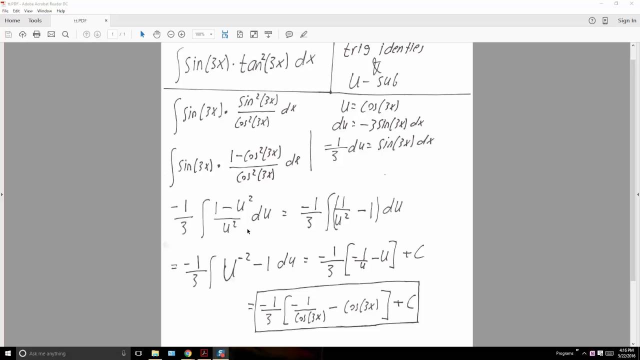 Calc 2: Trigonometric Integrals (Solved by Hand) ptC - YouTube