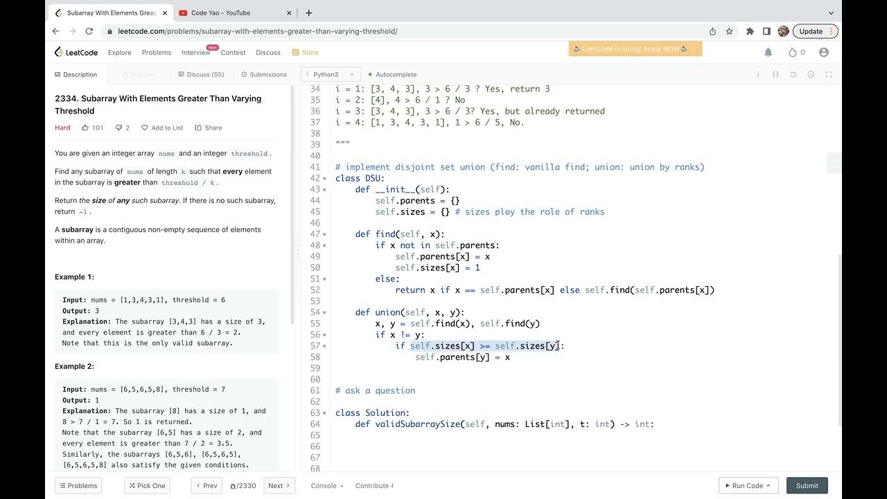 Leetcode 2334. Subarray With Elements Greater Than Varying Threshold - Union-Find solution - YouTube