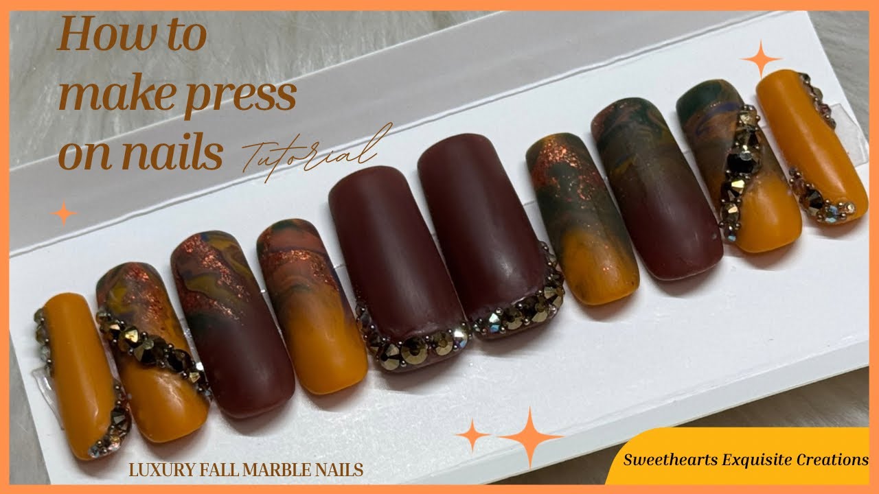 Luxury fall marble press on nails tutorial - beginner friendly - YouTube