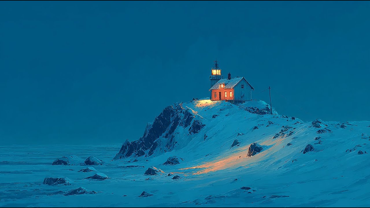 Lonely Lighthouse Battling a Fierce Blizzard Night with Howling Winds ...