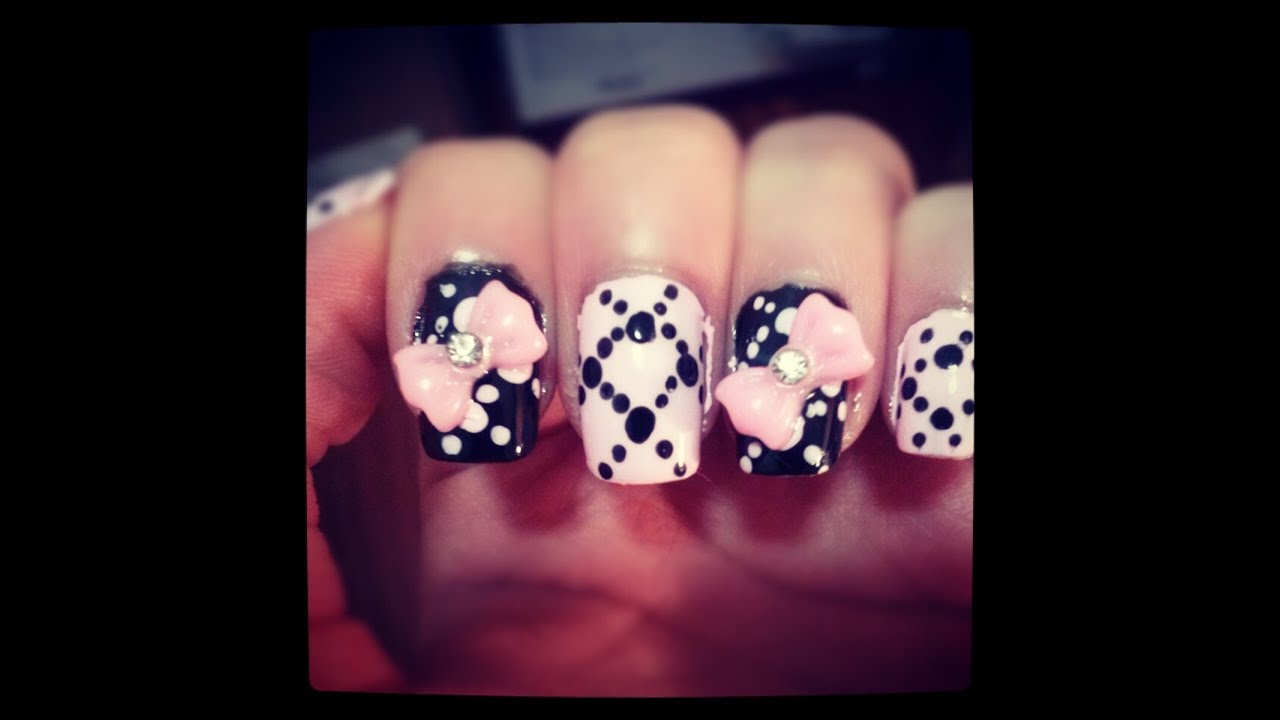 Black and Pink Quilted Nails With Bows Tutorial ♥ CUTE! - YouTube