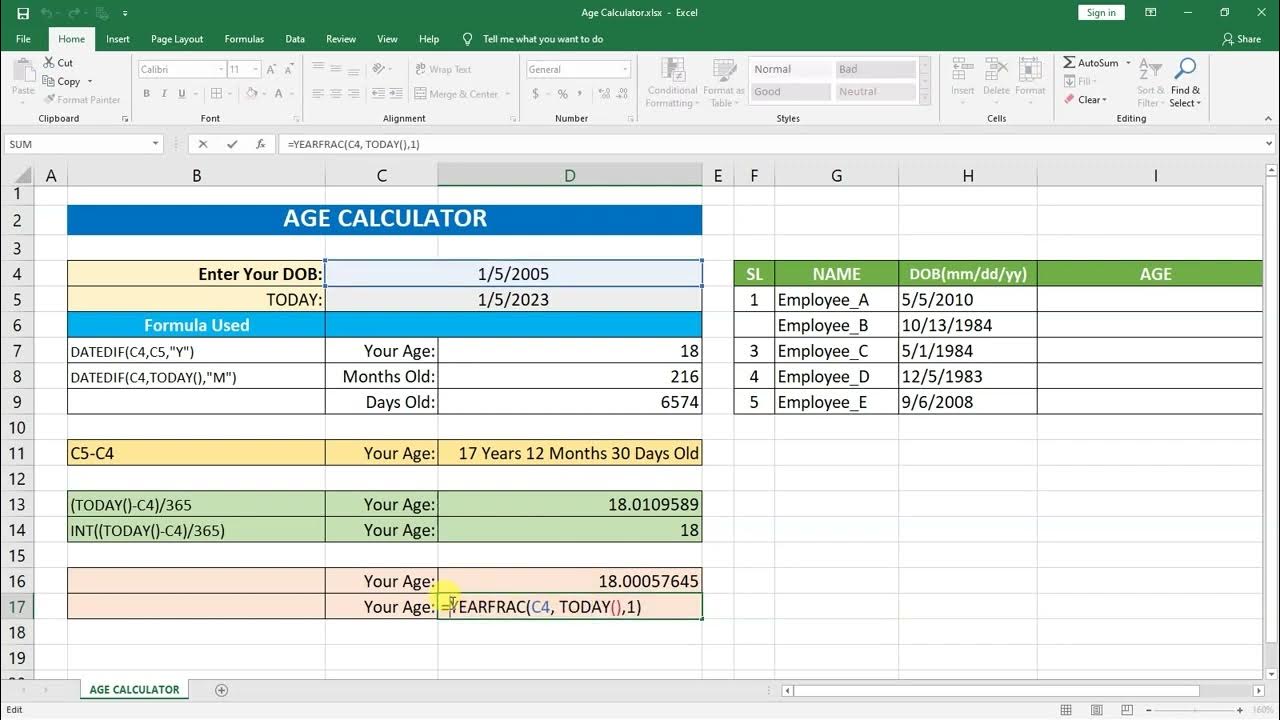 How to create age calculator in excel - YouTube