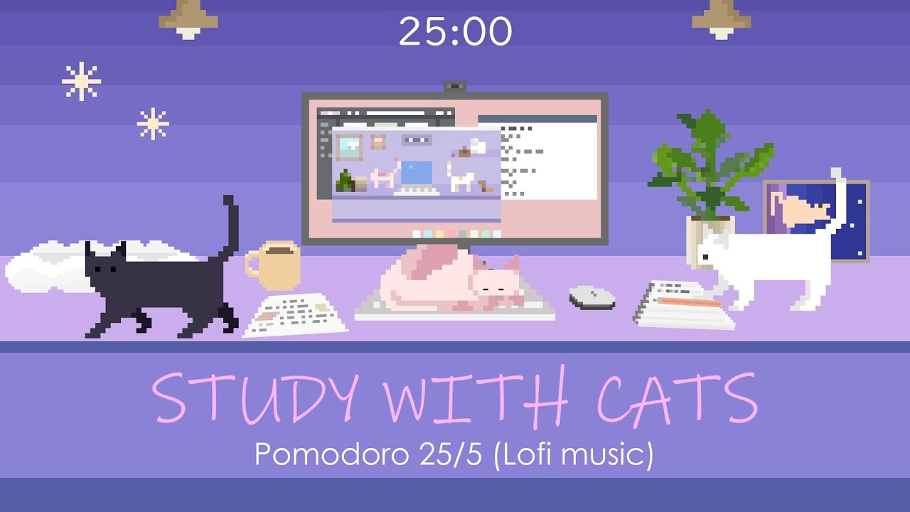 Study with Cats ️ Pomodoro Timer 25/5 | Chill Study Session with cats & lofi music💜 - YouTube
