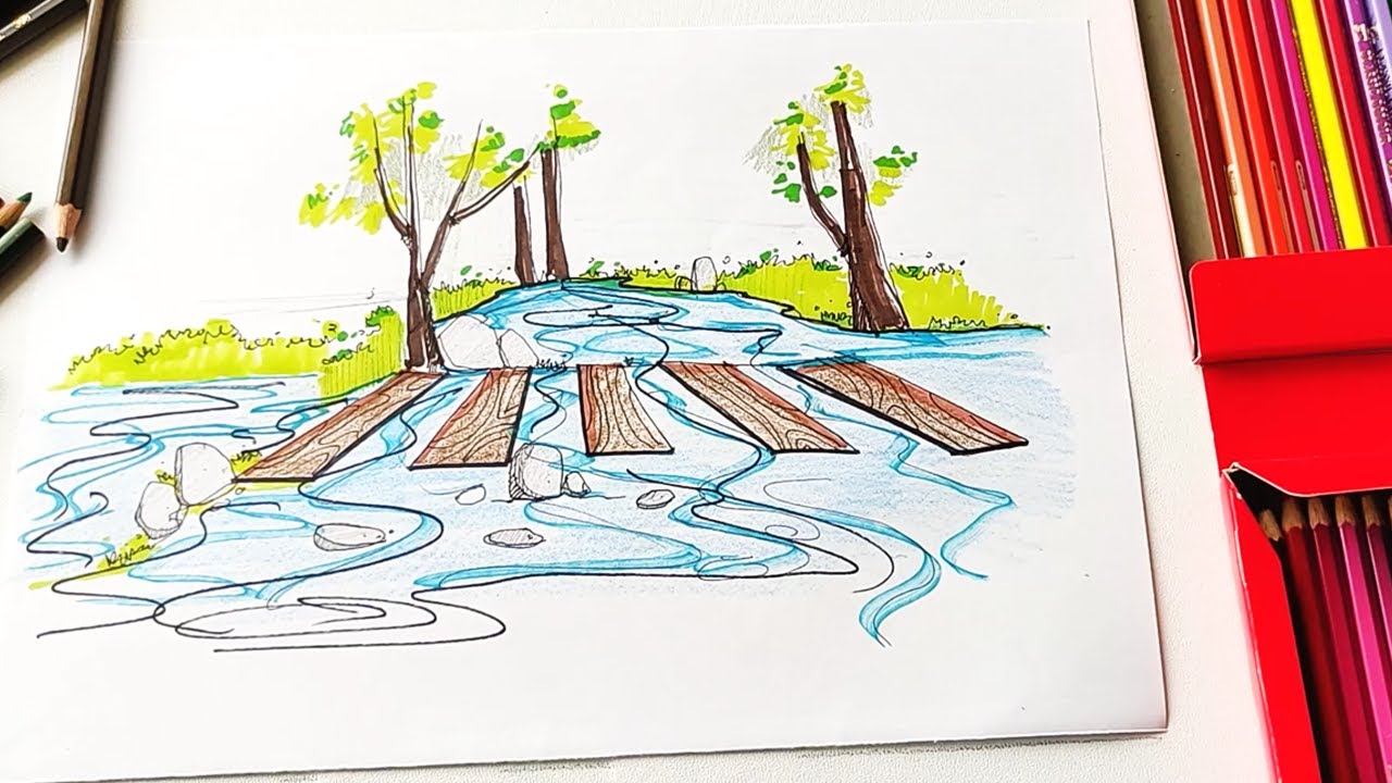 How to draw a simple River Easy Drawing - YouTube