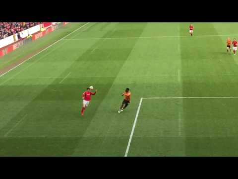 Oliver Burke and Britt Assombalonga almost linking up to score for Nottingham Forest