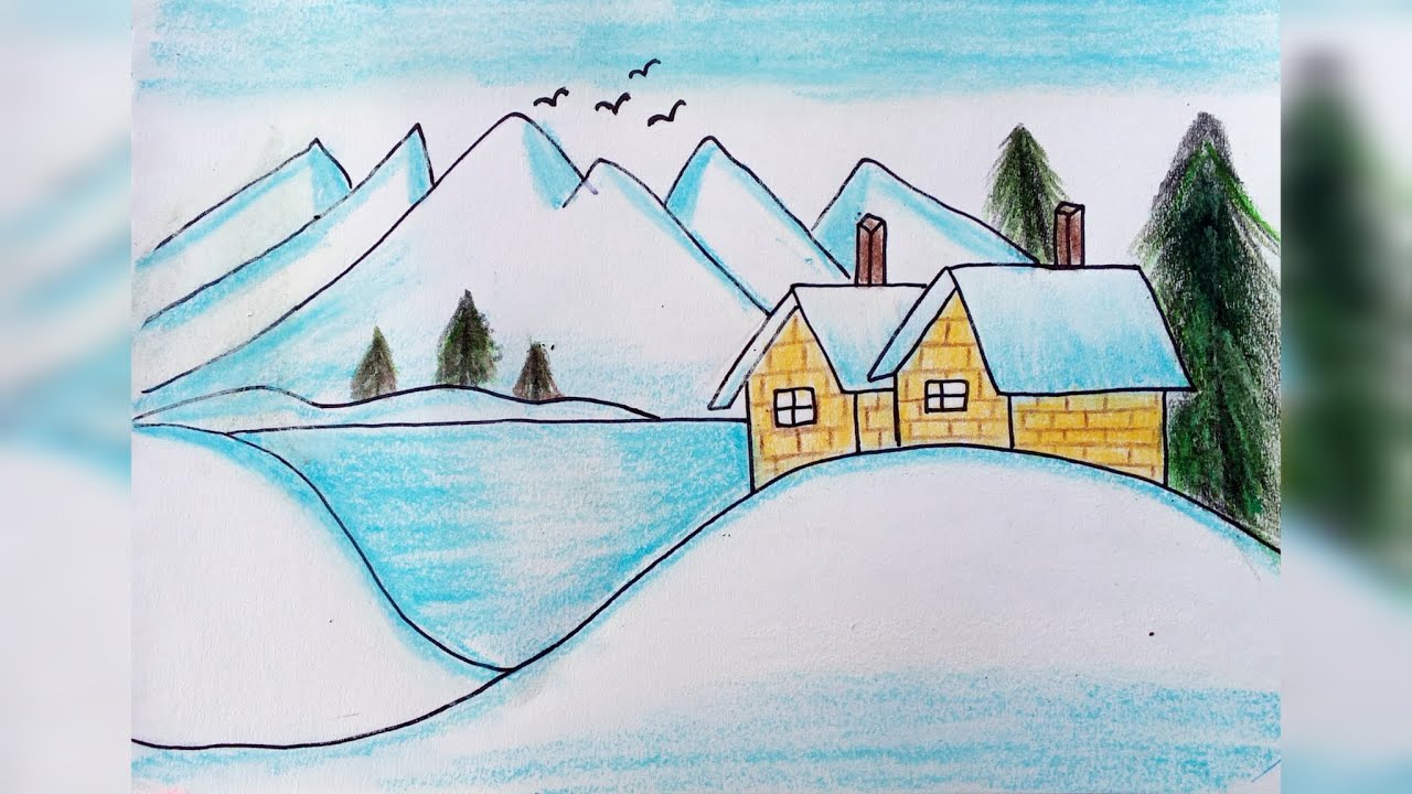 How to draw snowfall drawing step by step | Winter season scenery ...