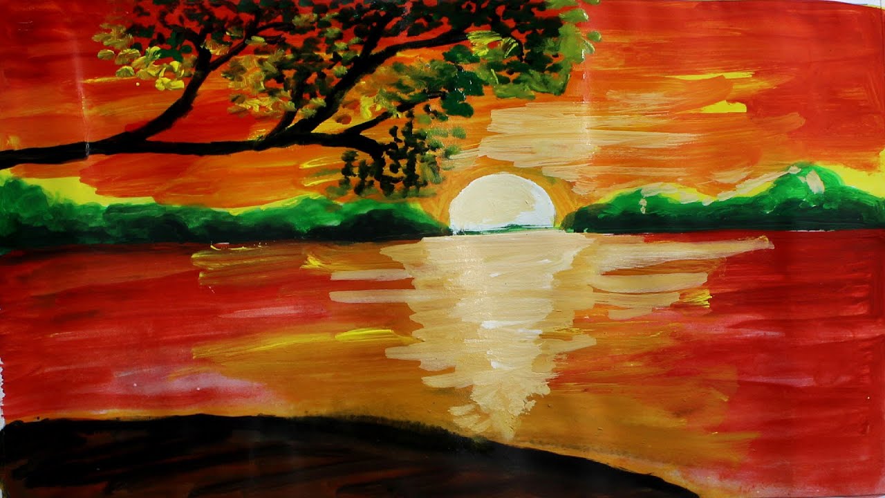 How to draw A Sunset Scenery with poster colors for beginners ...