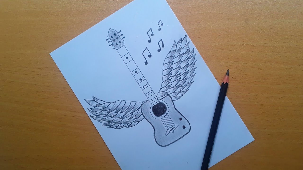 How to draw a beautifull guiter with wings||easy pencil drawing step by ...