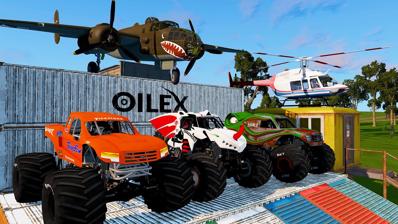 Monster Truck vs Extreme – Helicopter, Fire & Containers! BEAMNG DRIVE ...
