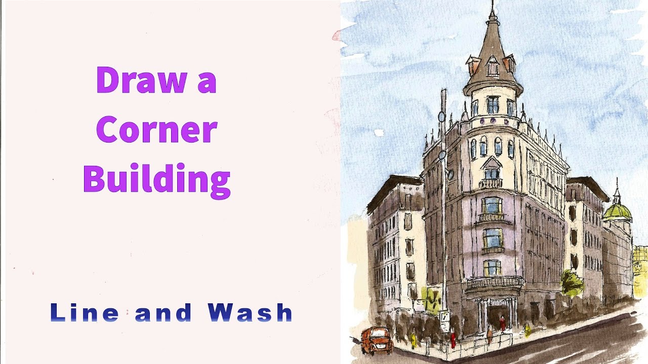 How to draw and paint a corner building in 2 point perspective - YouTube