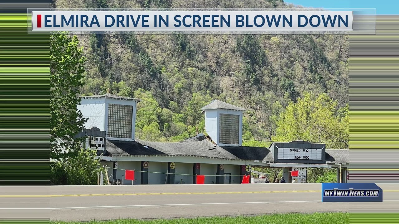 Elmira Drive-in entrance screen topples after severe weather - YouTube