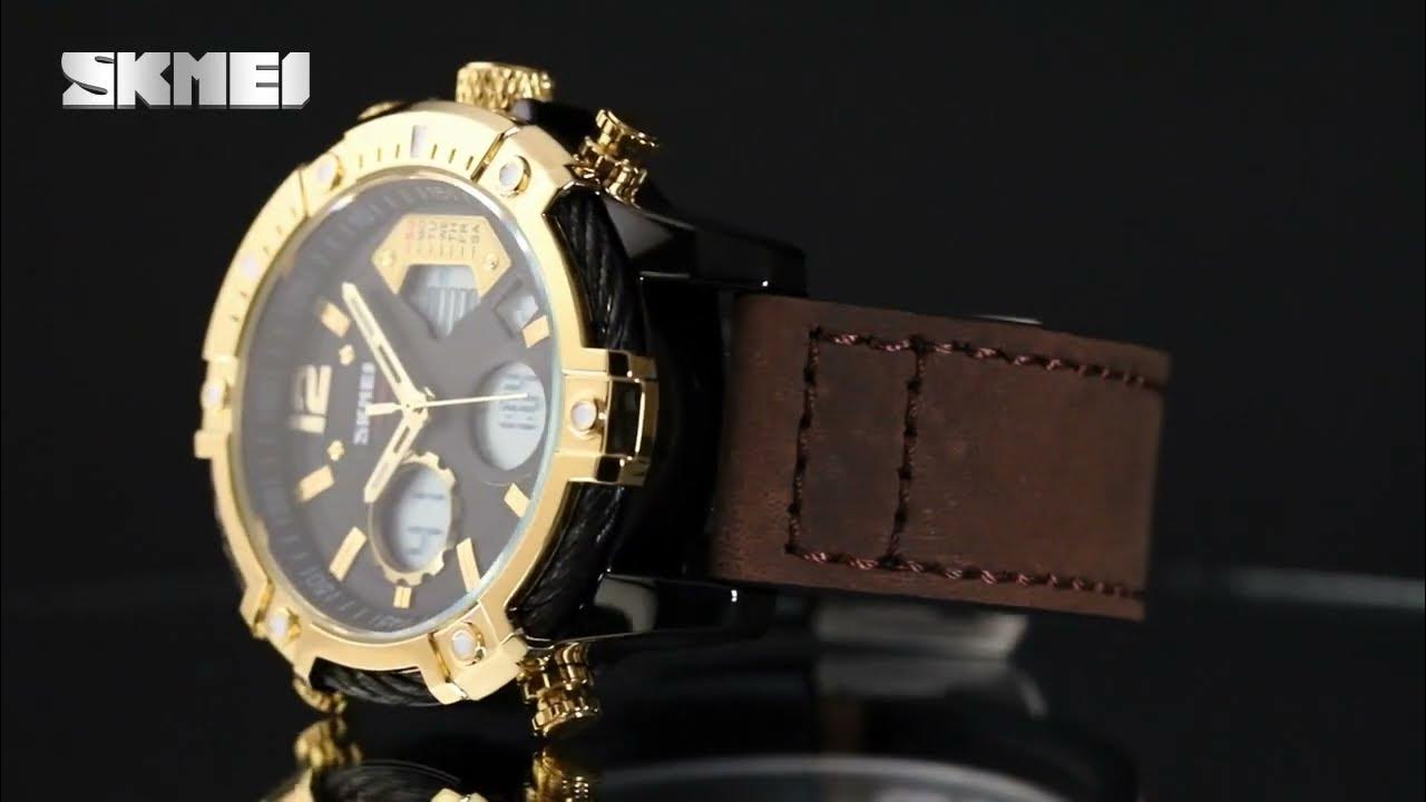 Skmei 1618 3Time Chrono Analog Digital Leather Band Gold - YouTube