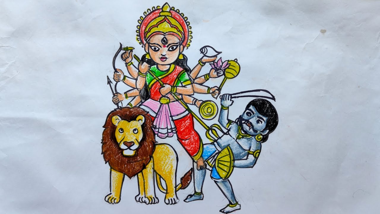 how to draw maa durga ful figer drawing very easy with oil pastel color ...