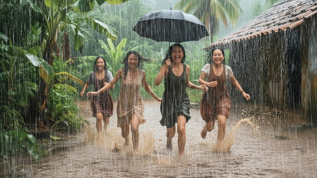 EXTREME WEATHER ⛈️ Heavy Rain & Loud Thunder in a Quiet Village ...