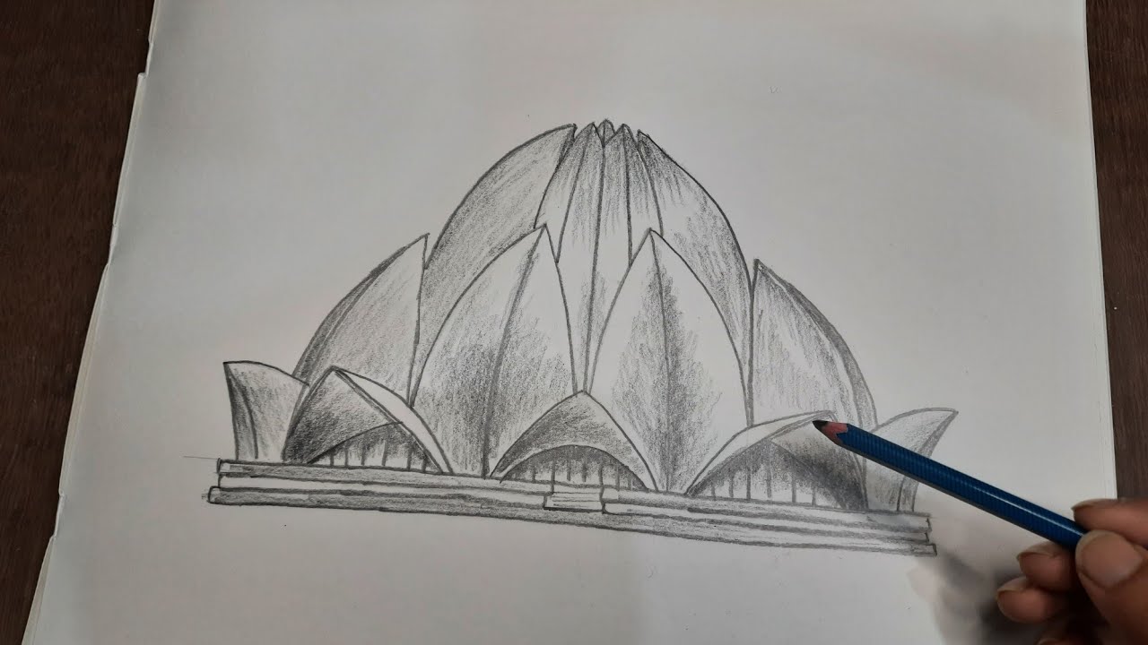 How to Draw Lotus Temple Step by Step.Drawing Lotus Temple Delhi. Lotus ...