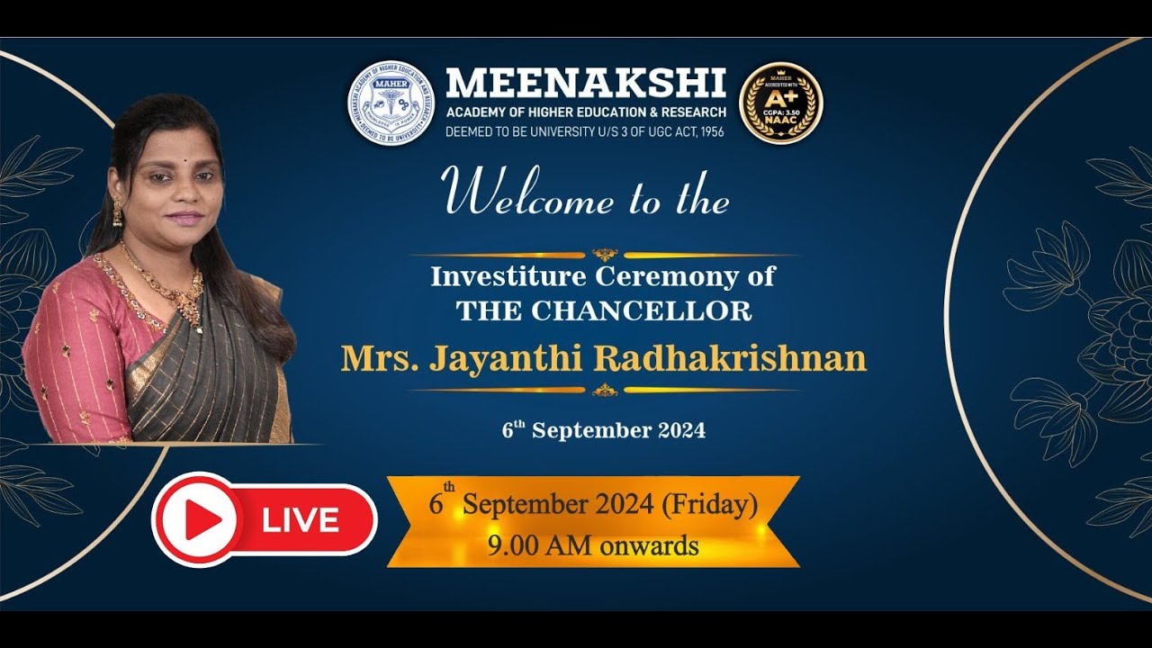 Investiture Ceremony of the Chancellor Mrs. Jayanthi Radhakrishnan - YouTube