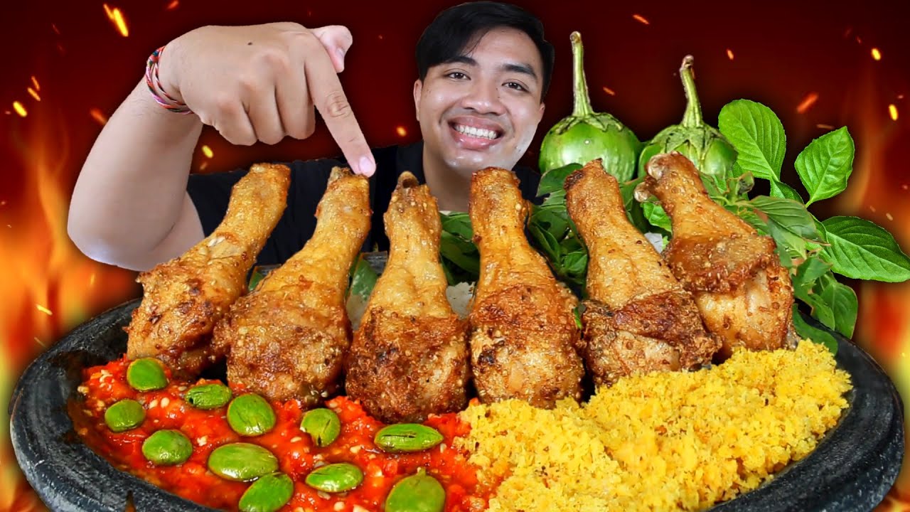 MUKBANG AYAM GORENG KREMES SAMBAL TERASI PETE + LALAPAN MENTAH | PECEL ...
