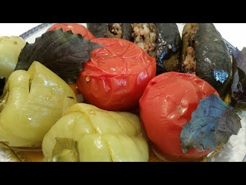 Üç Bacı Dolması Resepti - Pomidor Badımcan Bibər Dolması Hazırlanması - Çox Dadlı Yay Yeməyi