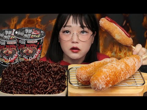 ASMR MUKBANG 🔥GHOST PEPPER NOODLES CHALLENGE & CORN DOGS *THE SPICIEST CUP NOODLES IN THE WORLD