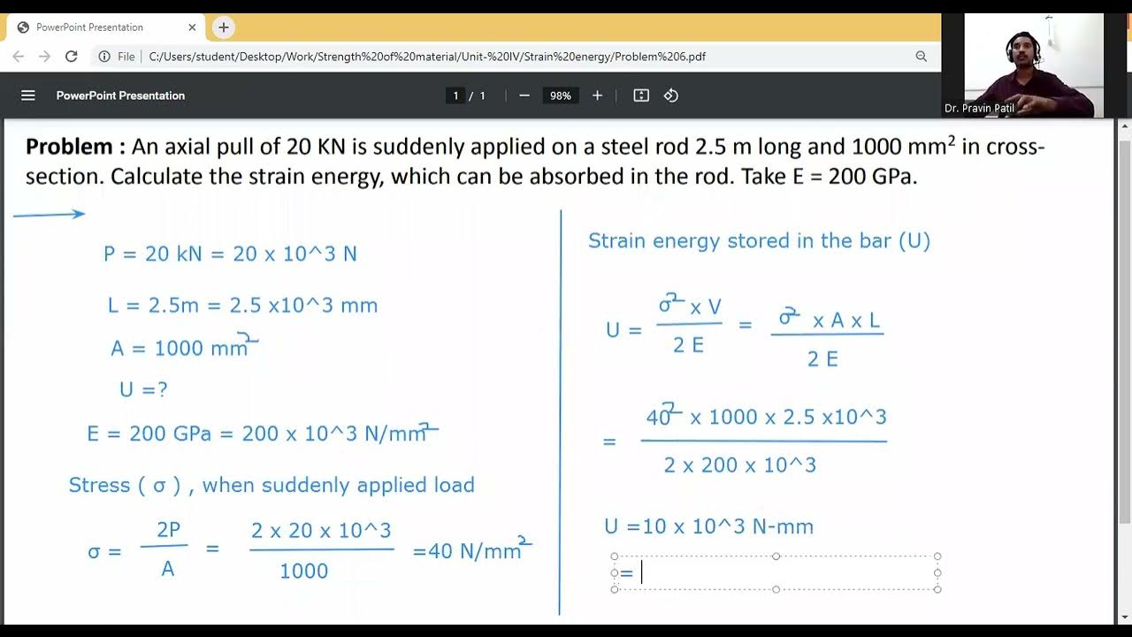 Calculation of the Strain energy stored in rod, when suddenly applied load/ Strength of ...