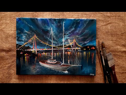 İstanbul Manzarası. Tuval çalışmaları. Resim yapma videoları. Akrilik Boya Çalışmaları. Resim Çizme.