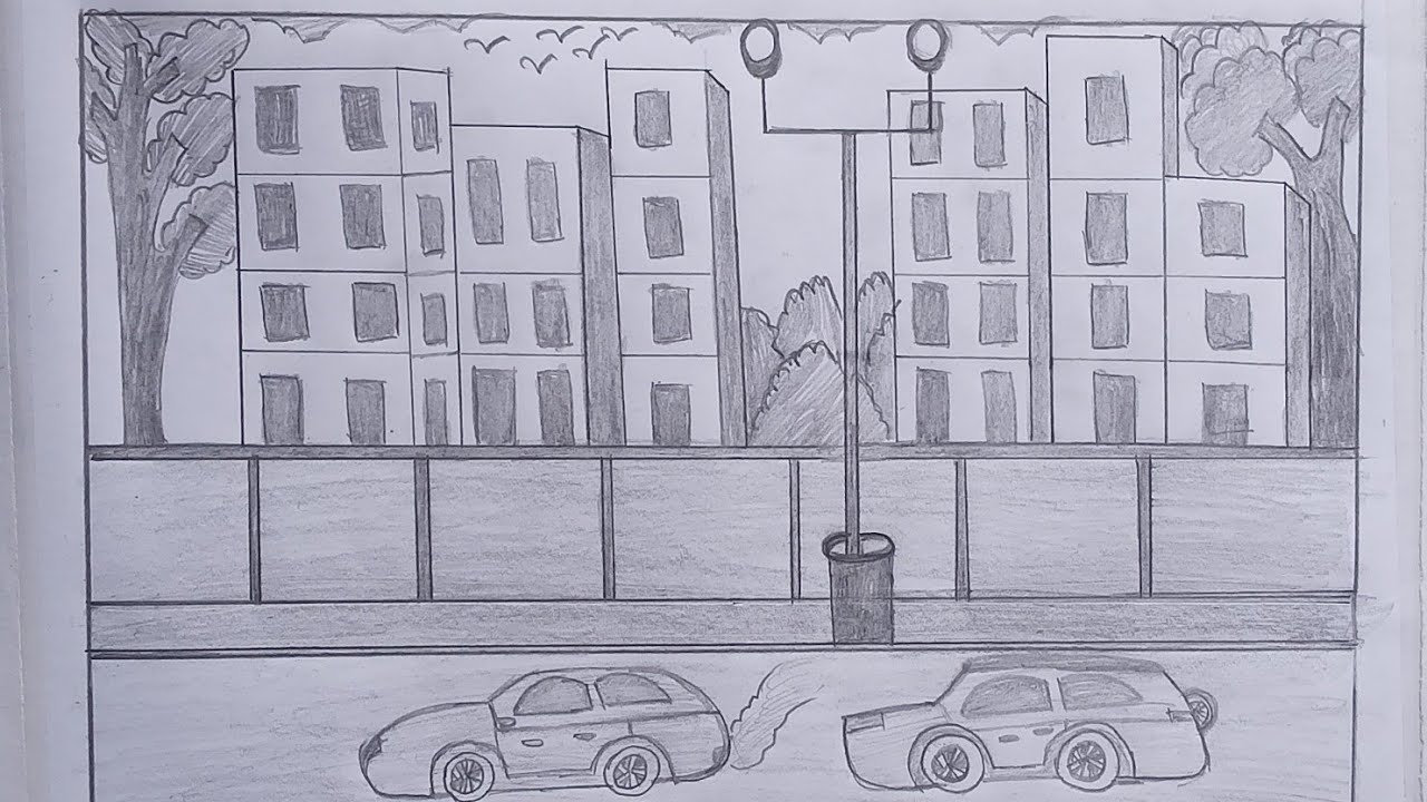 How to draw city scenery step by step ll pencil drawing.. - YouTube