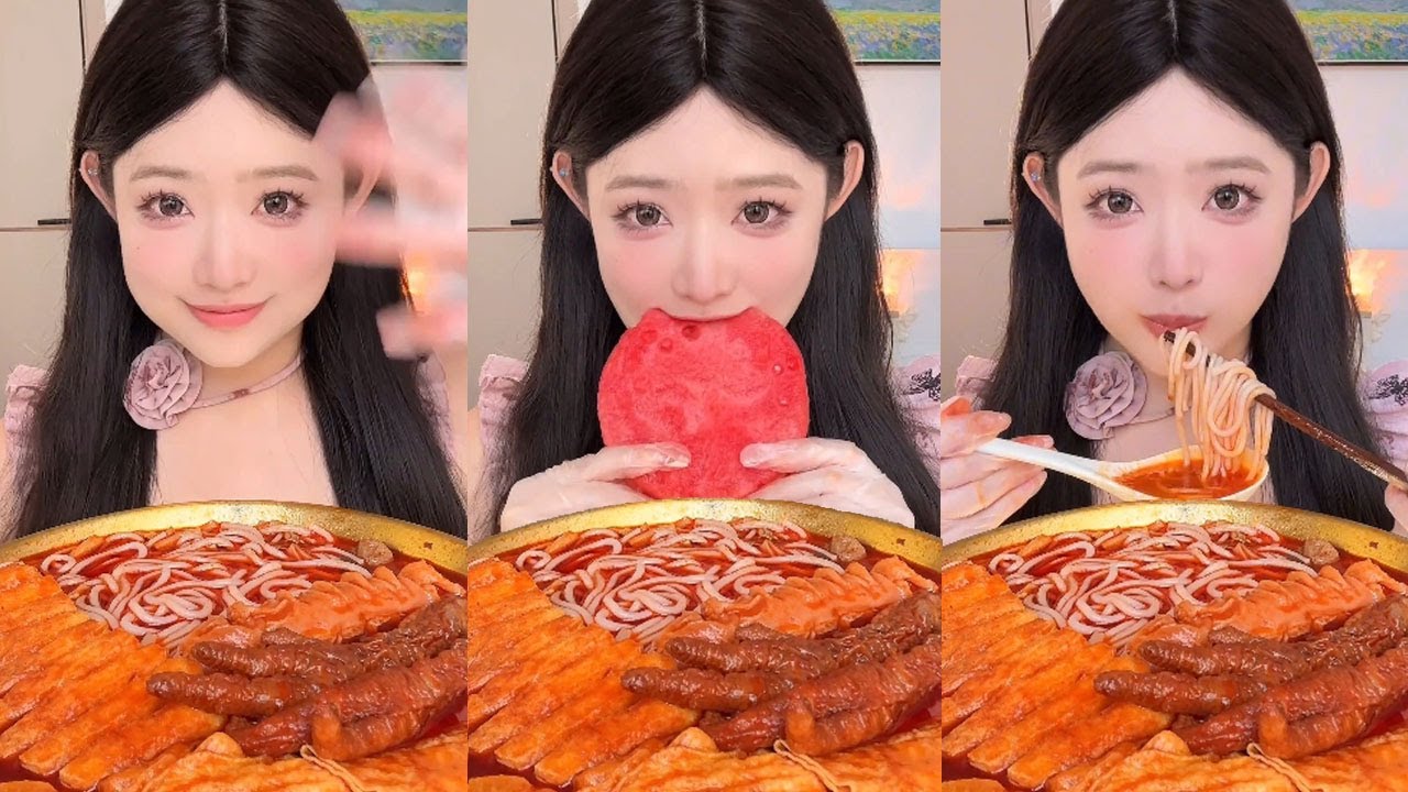【糯糯米粒】Eating show：Snail Lion Powder🍜🍜🍜🍜+Watermelon🍉🍉🍉🍉#mukbang#eating# ...