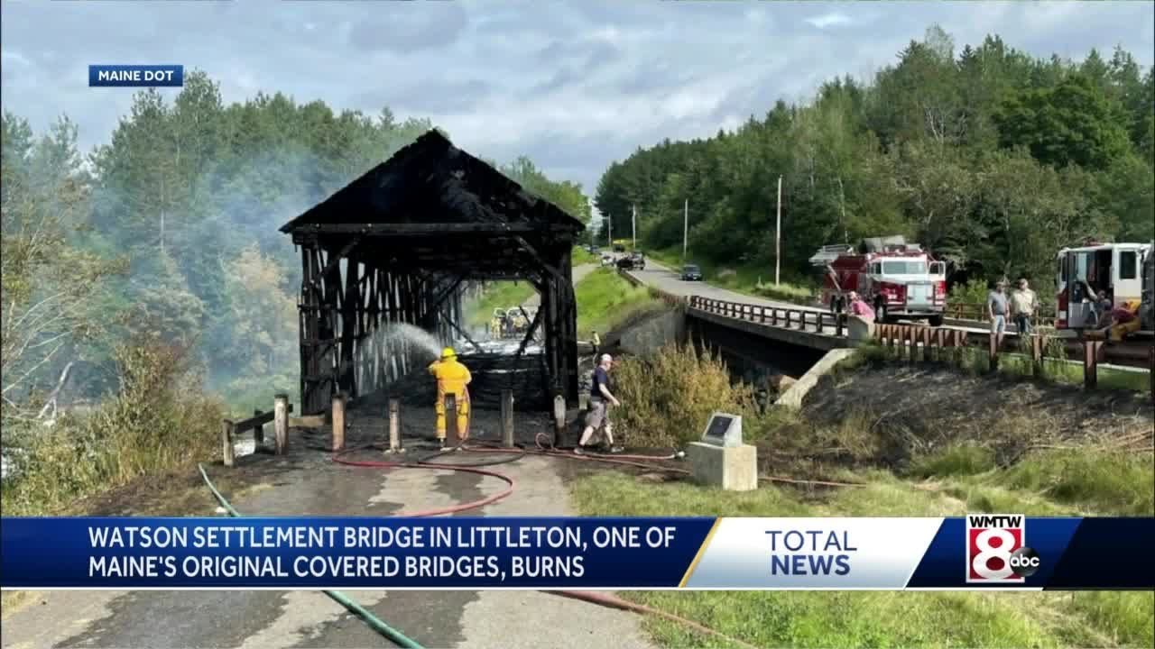 Historic Maine covered bridge destroyed by fire - YouTube