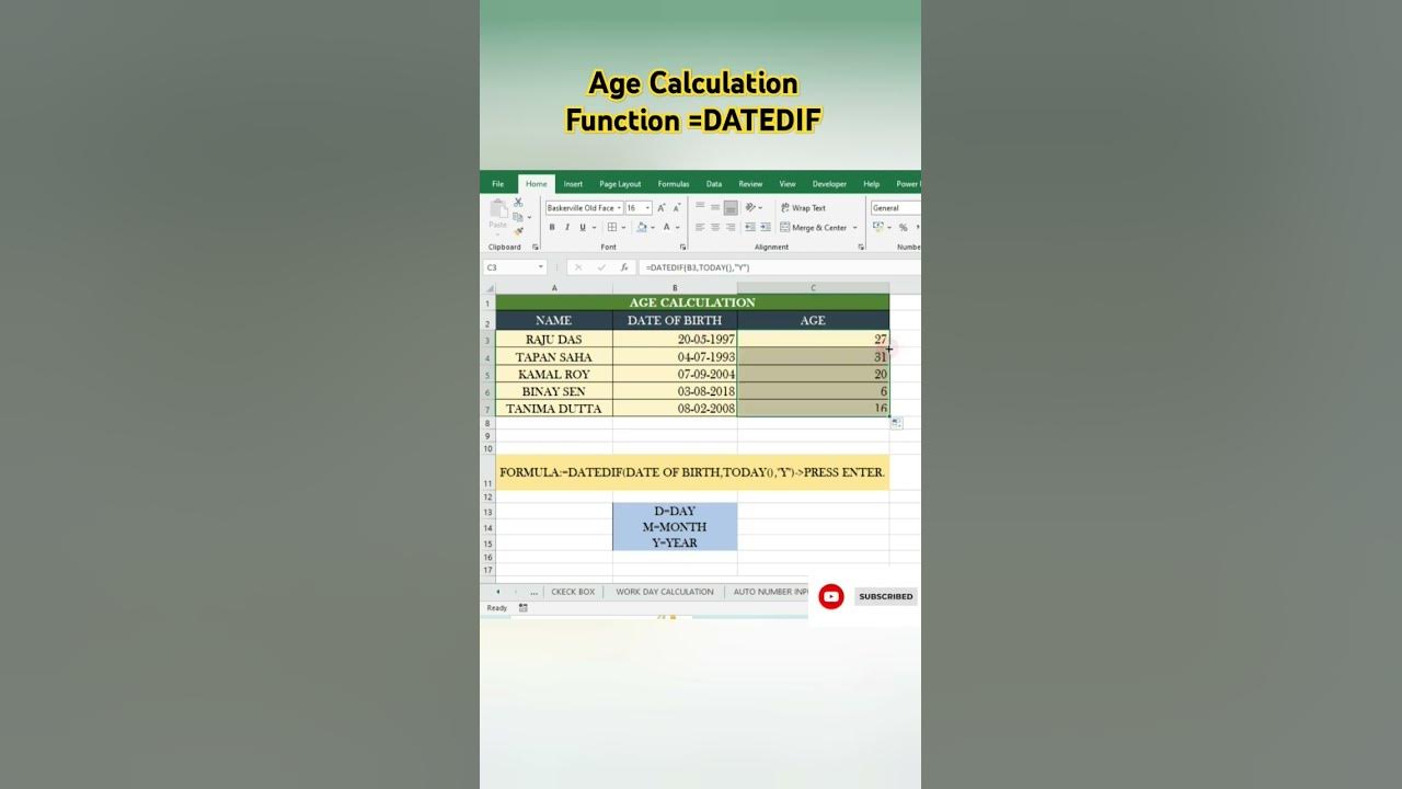 Age Calculation in Ms-Excel 2016|Age Calculation Using-DATEDIF In Excel|How to Calculate Age ...